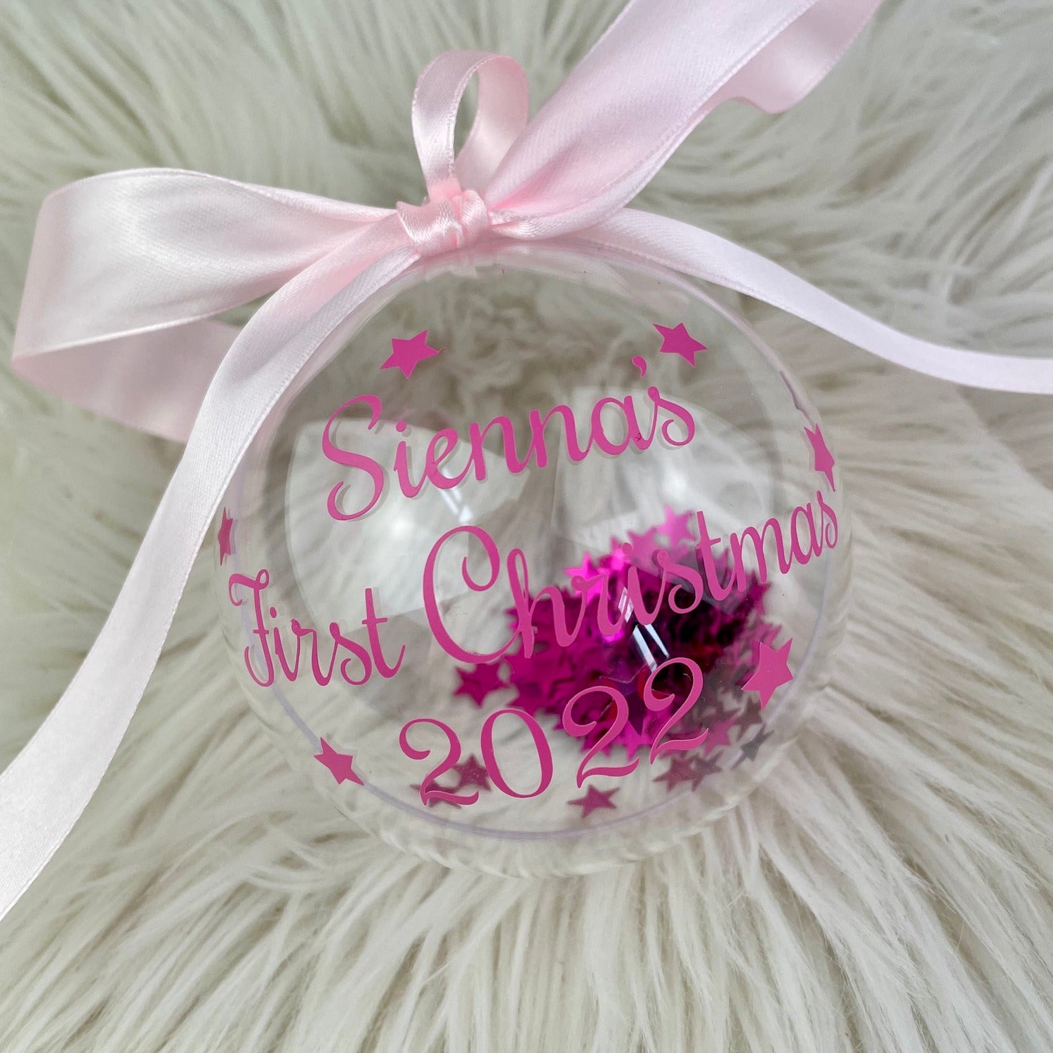 Personalised First Christmas Bauble Baby Girls Pink Star Filled 1st Christmas Decoration